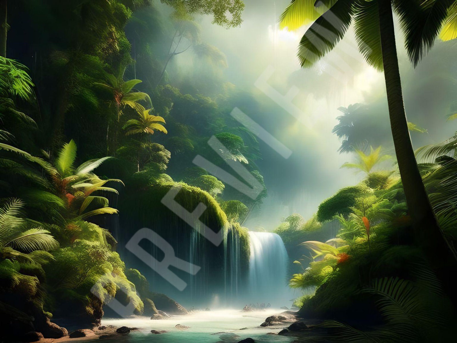 Waterfall Jungle Wall Art Landscape Oil Painting Digital Art - Etsy