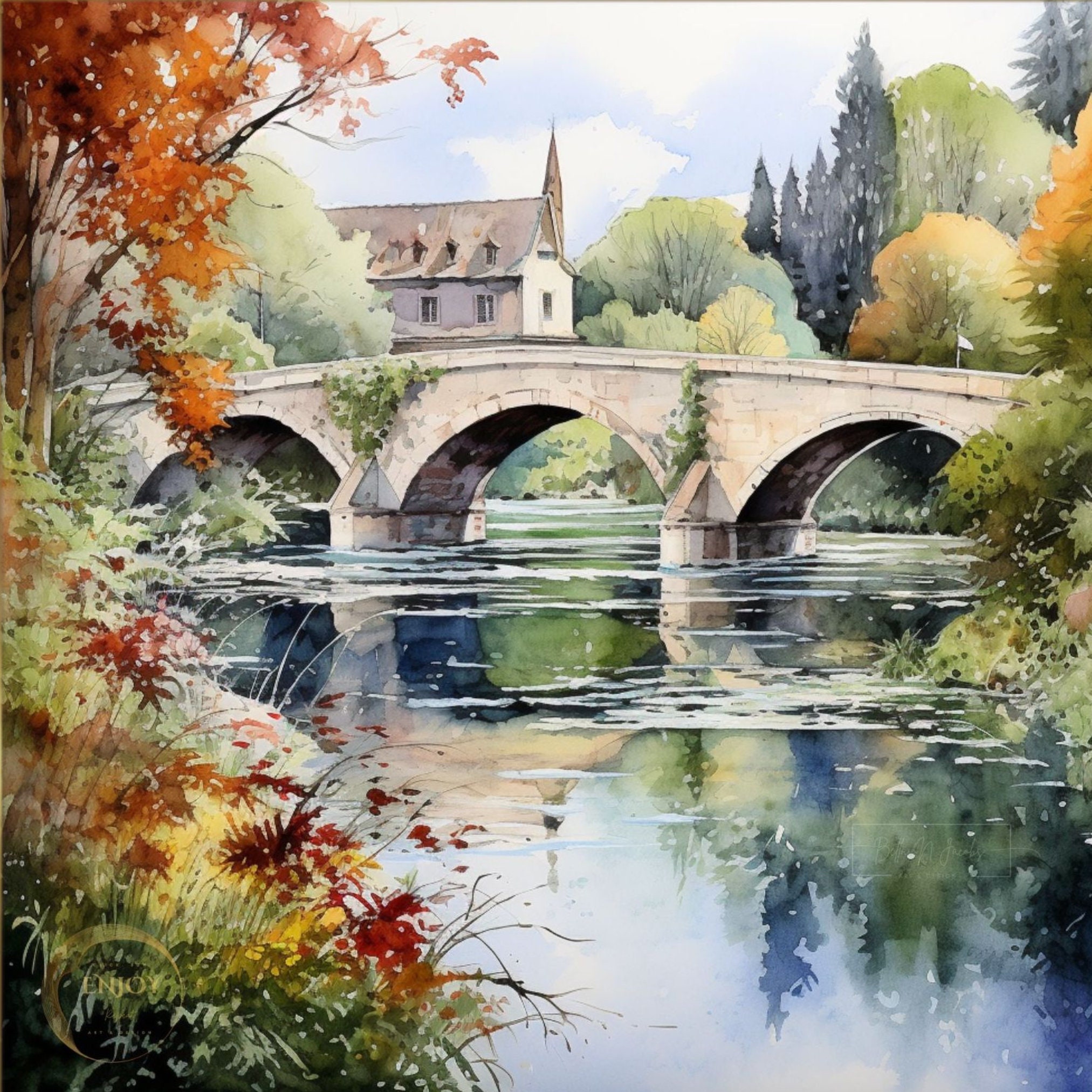 Germany Landscape Watercolor Painting Set: Humpback Bridge & House ...