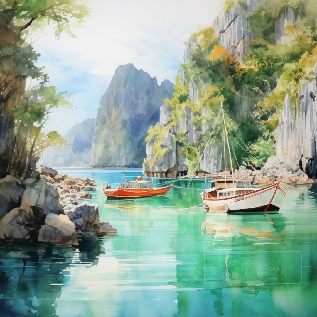 Palawan Philippines Watercolor Painting: Turquoise Lake, Mountain Rocks ...