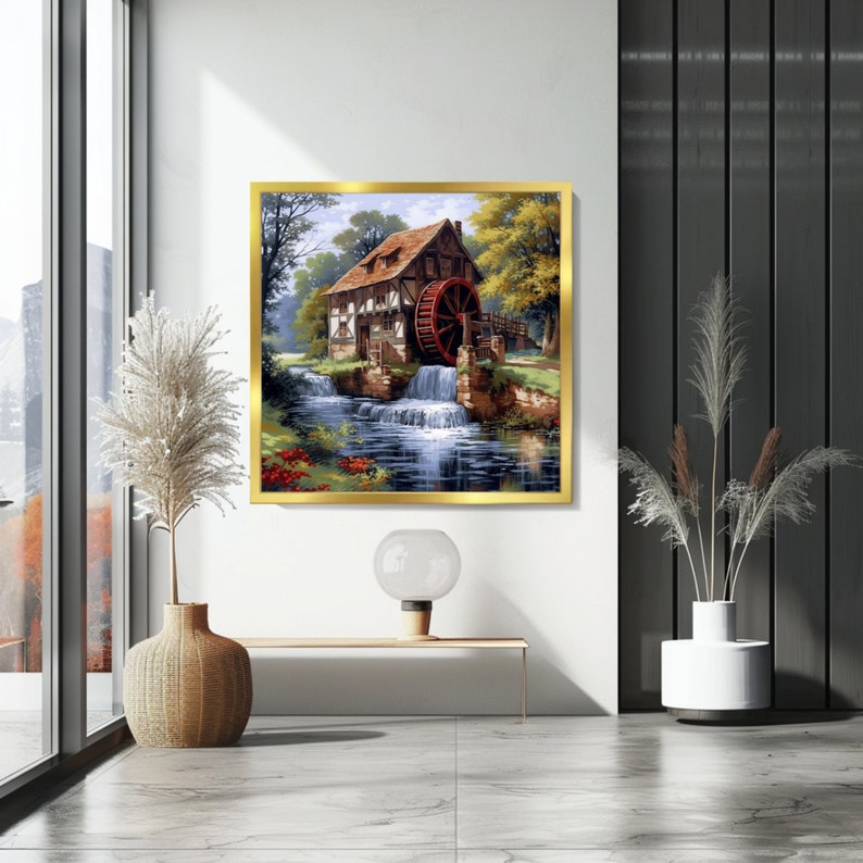 Watermill House Landscape Art Print: Rustic Countryside Scene (digital ...