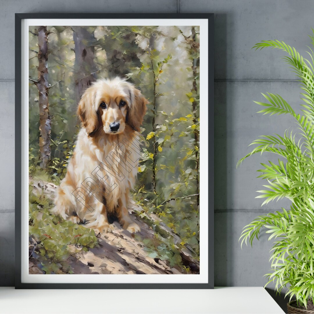 Golden Retriever Puppy Oil Painting: Forest Dog Portrait (digital Print ...