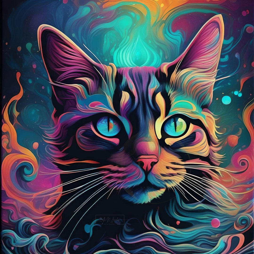 Colorful Cat Portrait Wall Art: Whimsical Kids Room Decor (digital ...