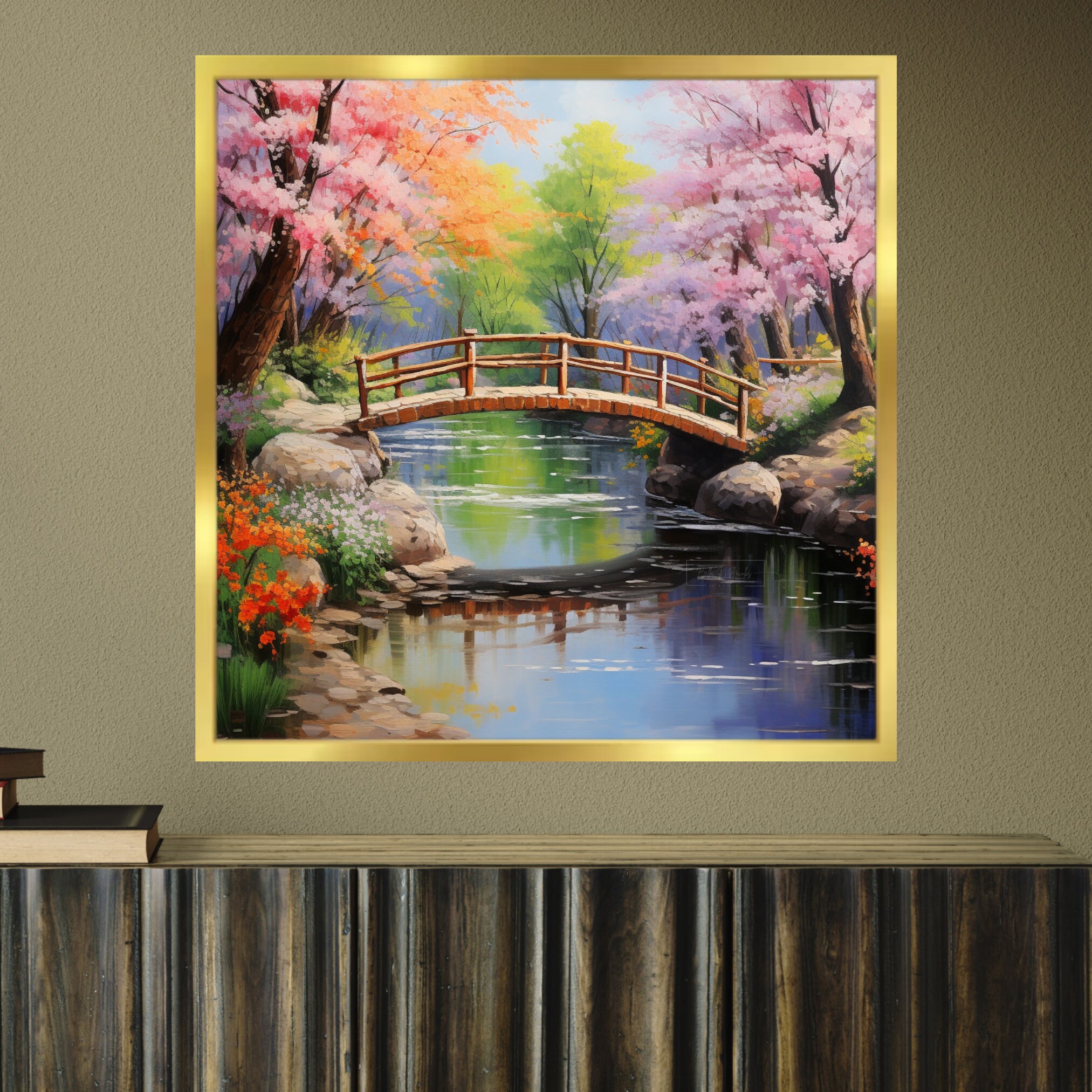 Humpback Bridge Over the River Mirroring the Spring Blossoming in the ...