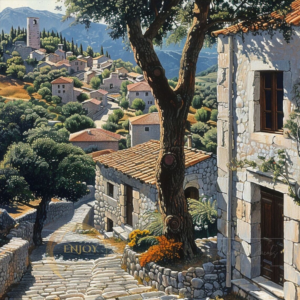 Greek Village Painting Wall Art Decor Living Room Wall Design Screen ...