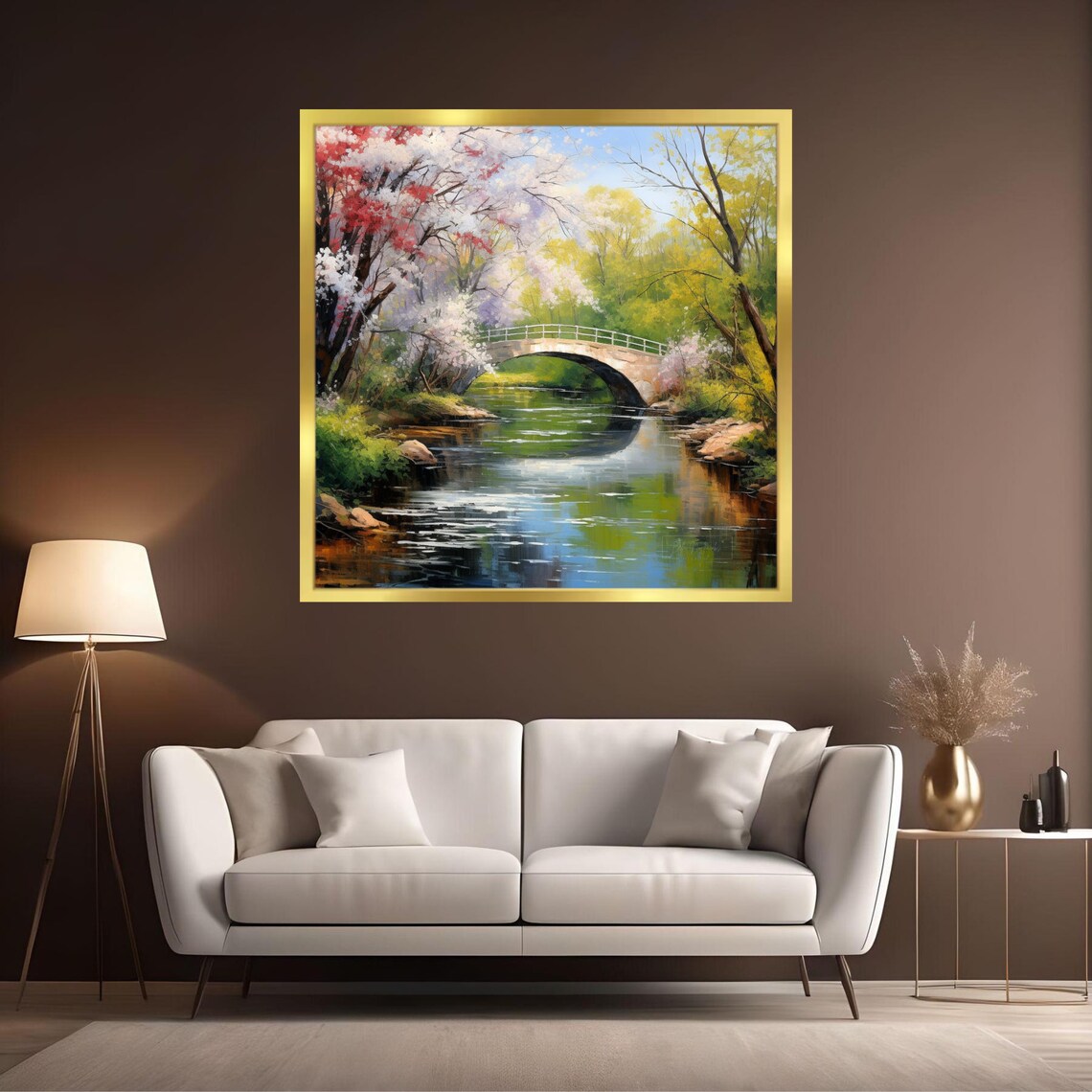 Humpback Bridge Over the River Mirroring the Spring Blossoming in the ...