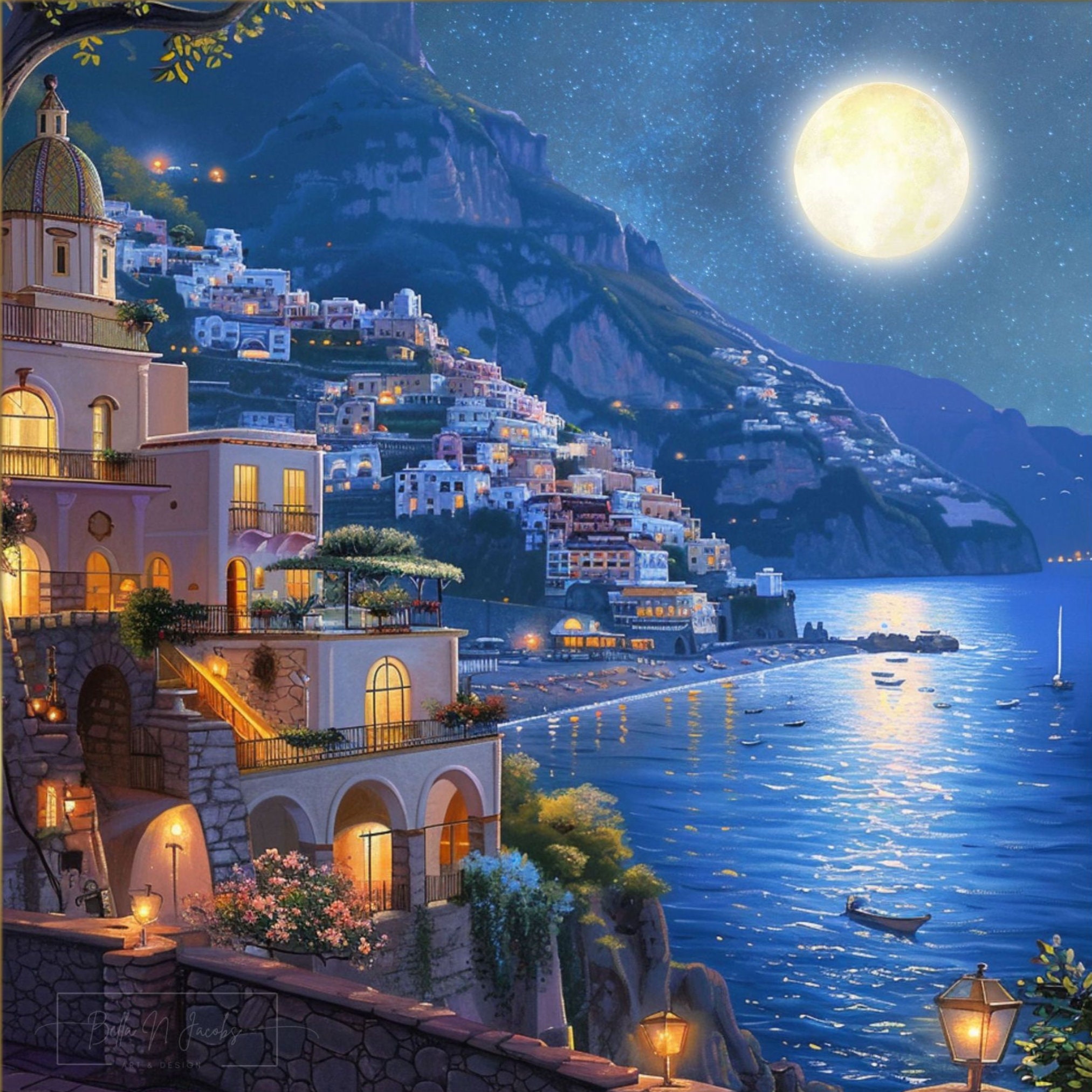 Amalfi Coast Full Moon Nightscape Art Print (digital Download) - Etsy