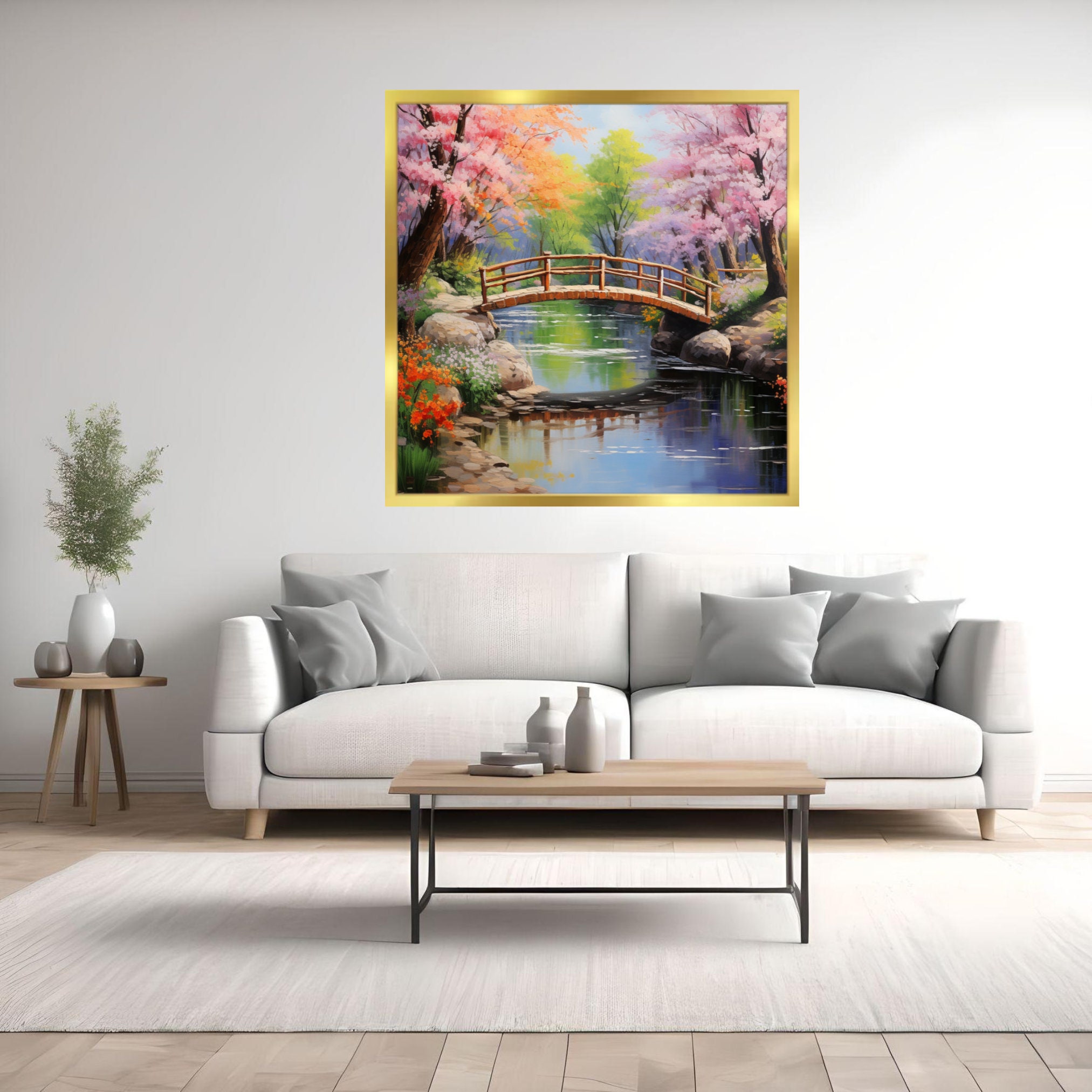 Humpback Bridge Over the River Mirroring the Spring Blossoming in the ...