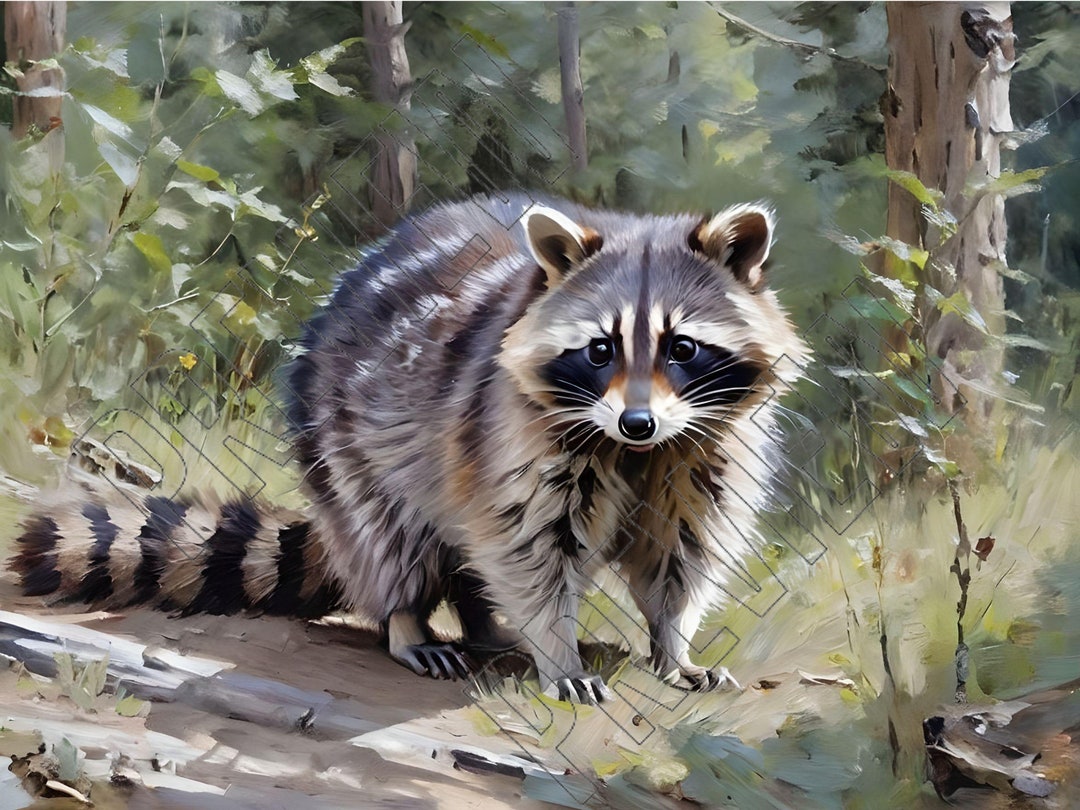 Raccoon Oil Painting for Nursery Horizontal Landscape Wall Art Decor ...