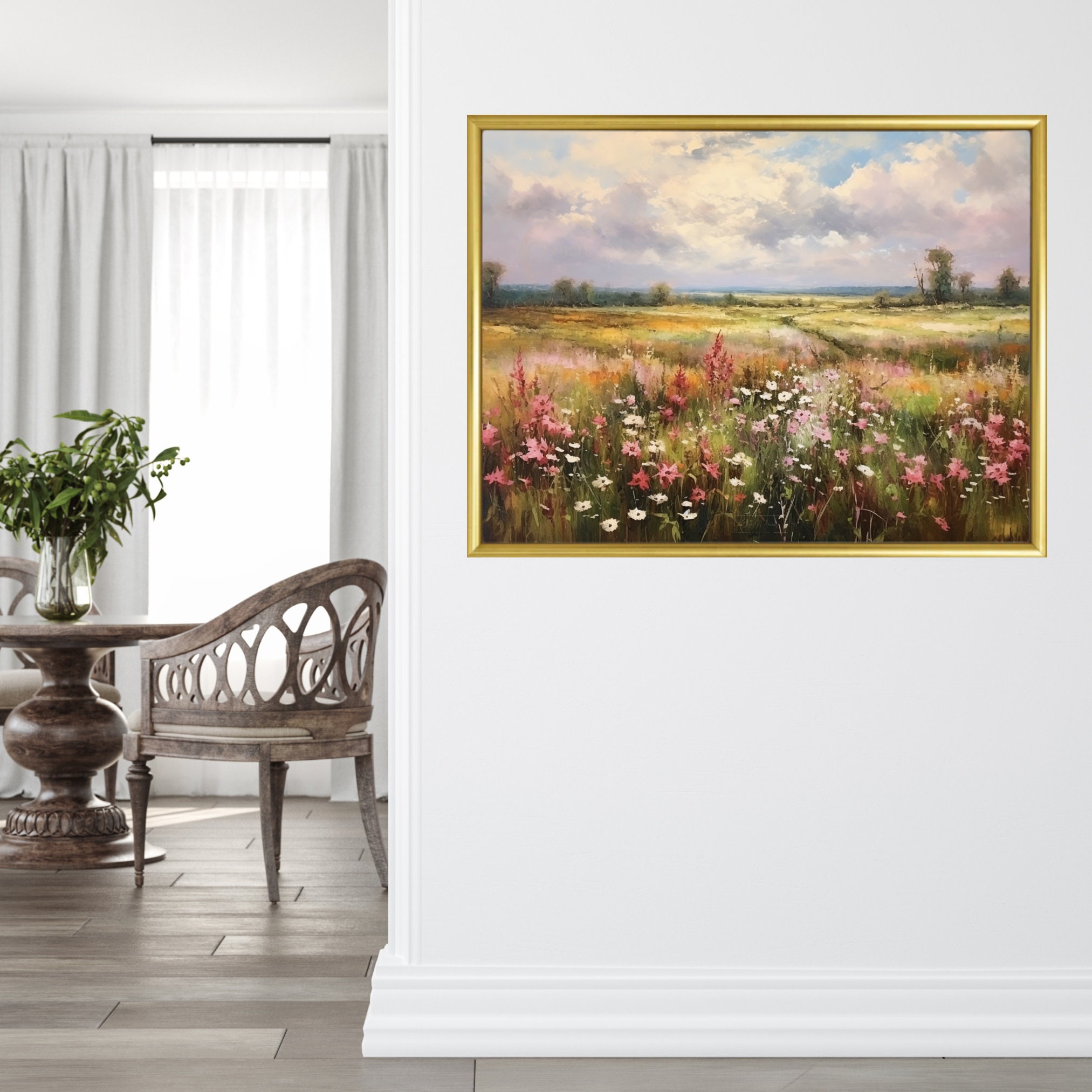 Vintage Rustic Wildflower Valley Landscape Wall Art Print Wall Art ...