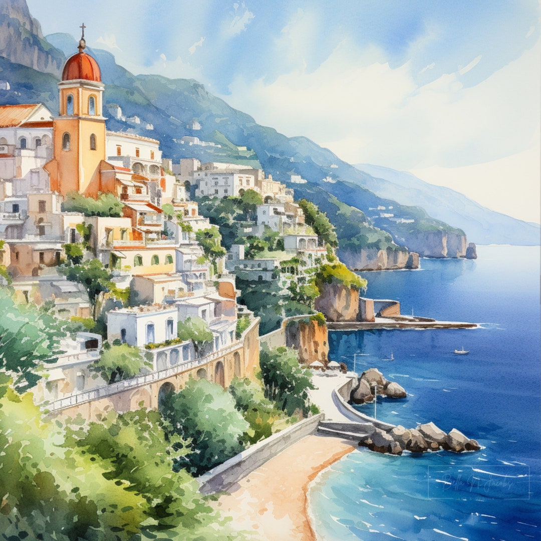 Amalfi Coast,tyrrhenian Sea Landscape Watercolor Painting Digital Print ...