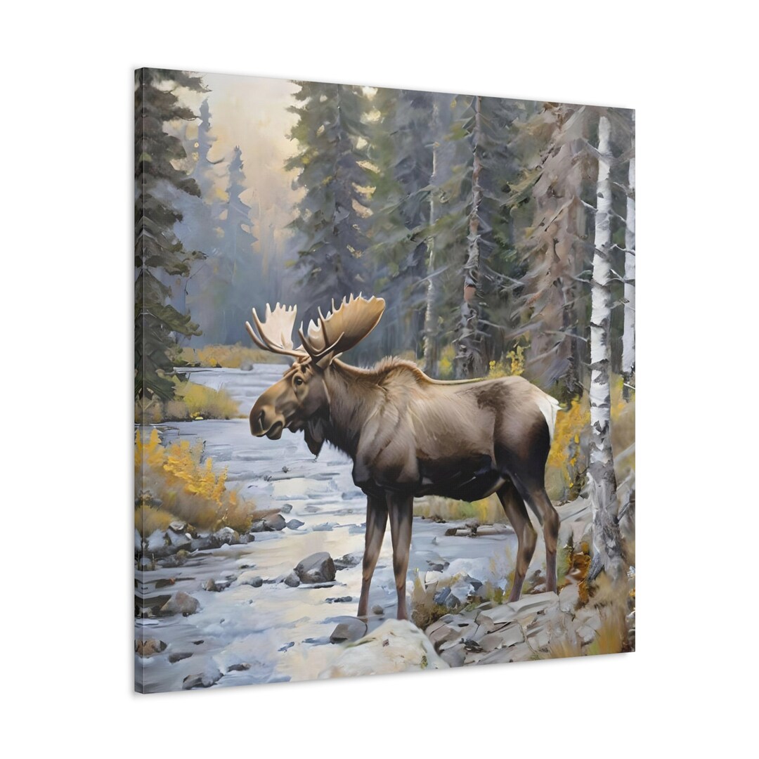 Moose Oil Painting Digital Print Landscape Forest Woods Brook Rocks ...