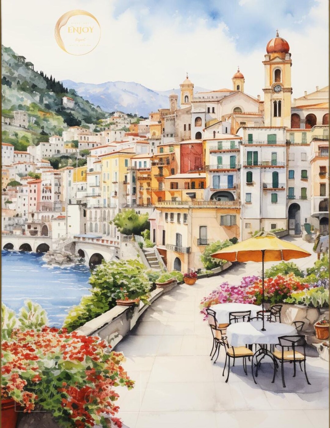 Salerno Printable Watercolor Art, Watercolor Painting Design Amalfi ...