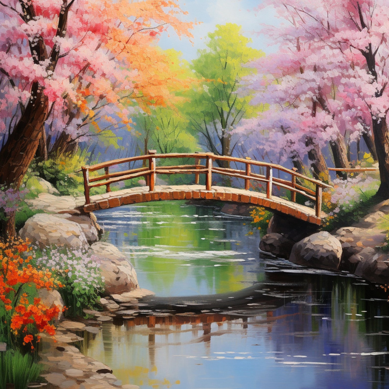 Humpback Bridge Over the River Mirroring the Spring Blossoming in the ...