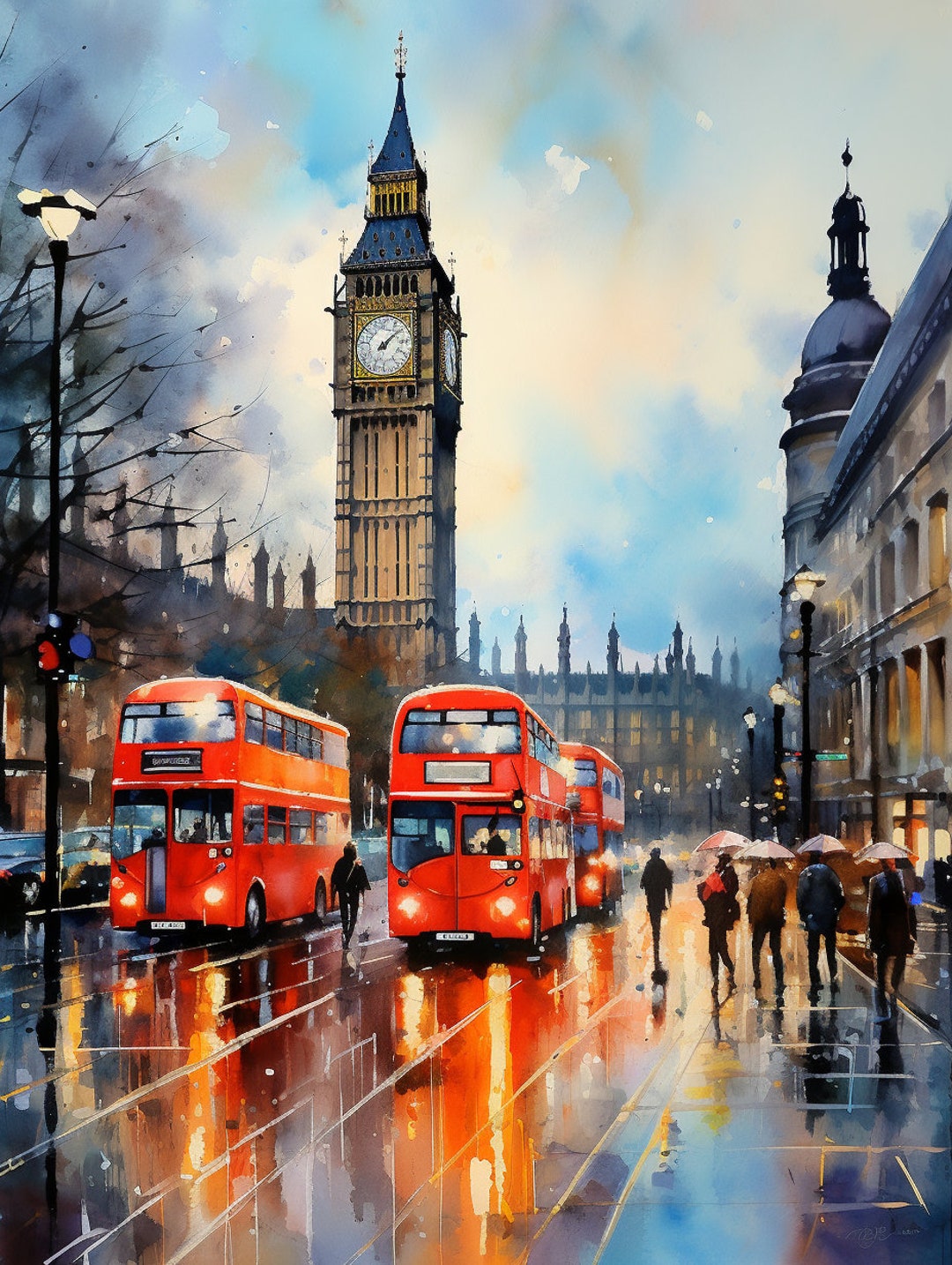 London Big Ben Watercolor Print: Rainy Day Red Bus Scene (digital ...