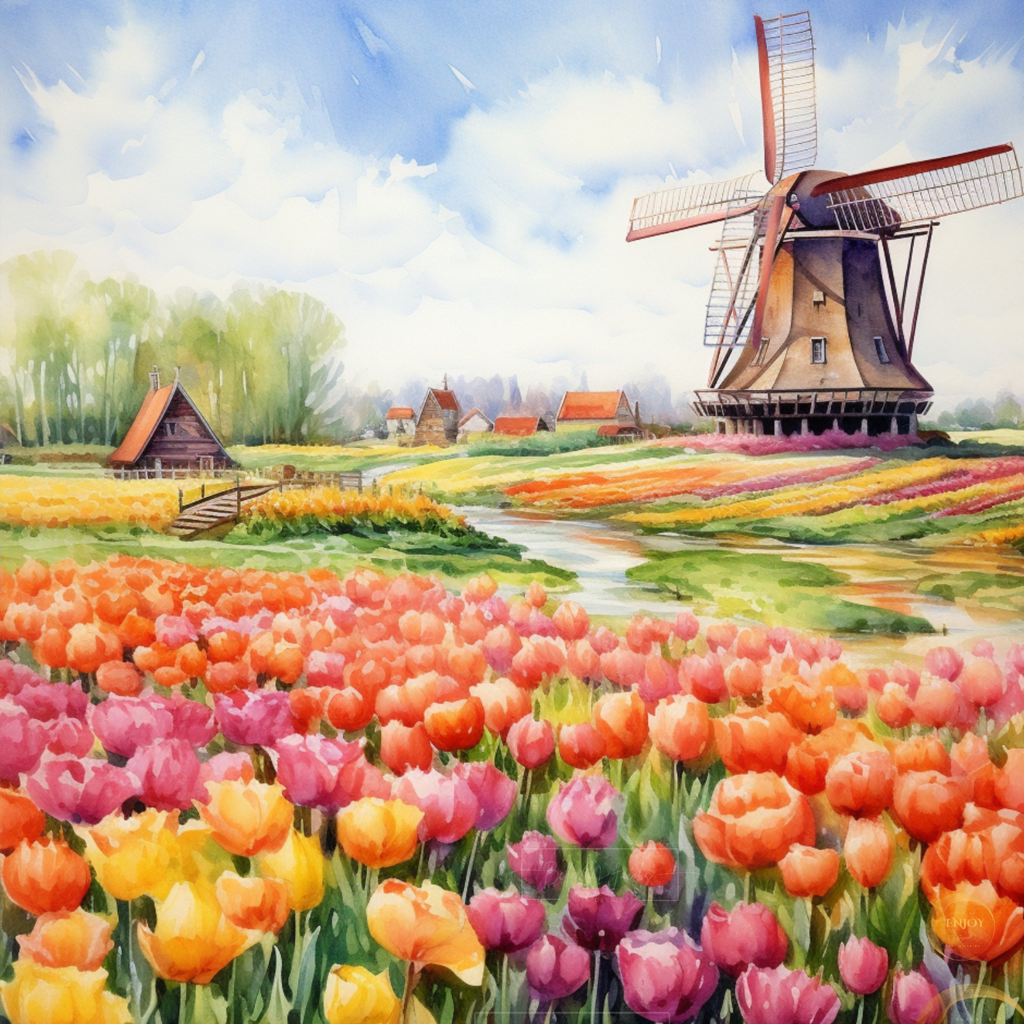 Tulips Field Windmill in Holland Wall Art Design Decor Landscape ...