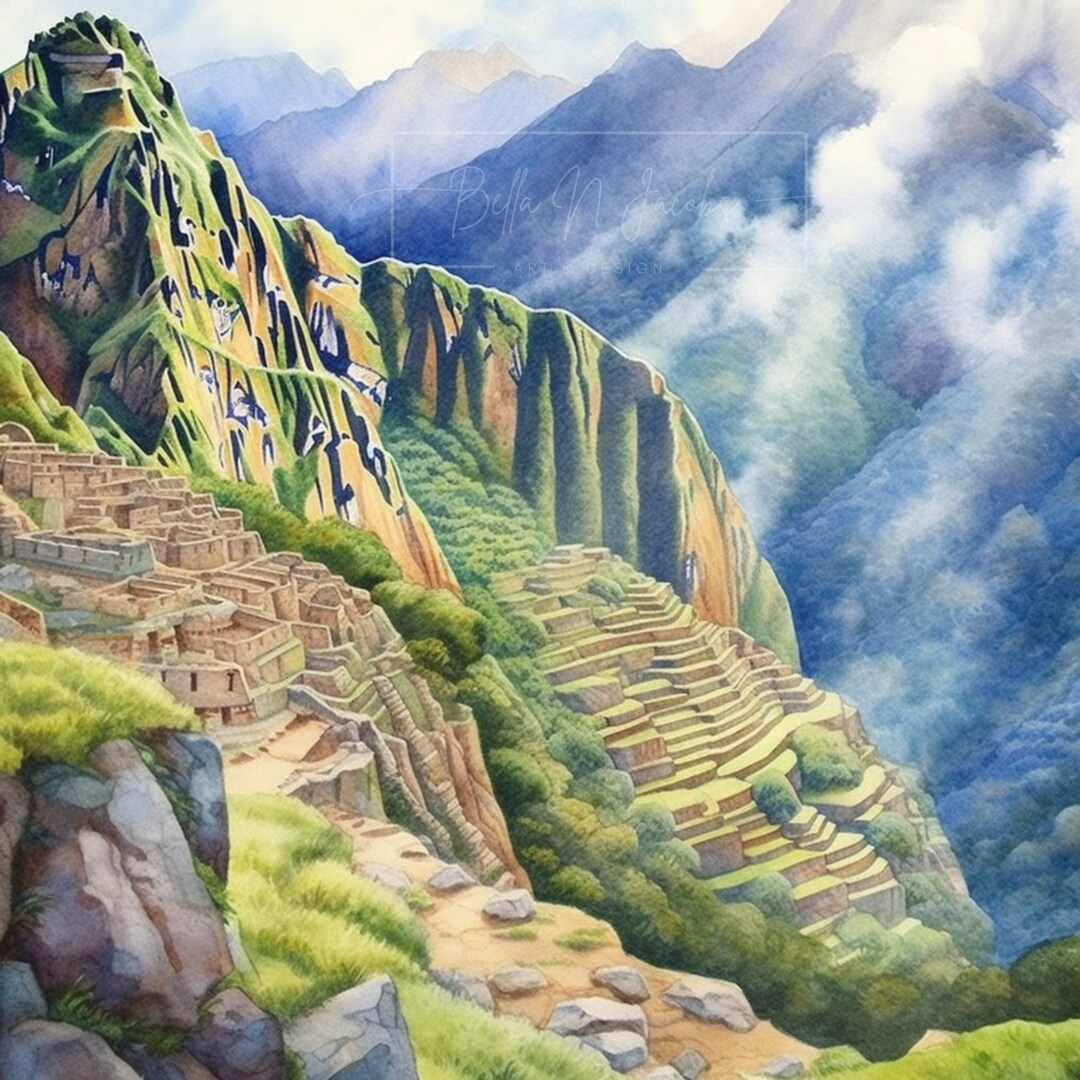 Machu Picchu Watercolor Painting: Mountain Sunrise Landscape (digital ...