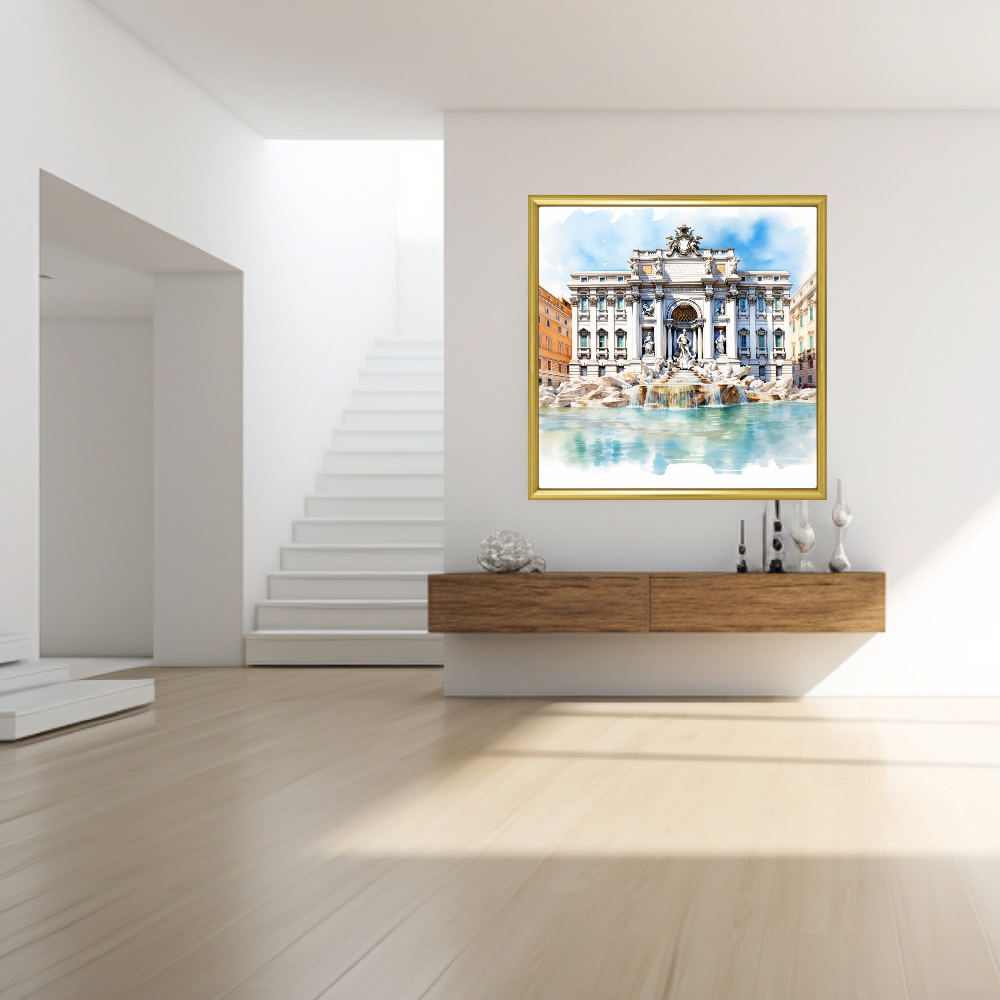 Trevi Fountain in Rome Watercolor Painting Wall Art Decor Design ...