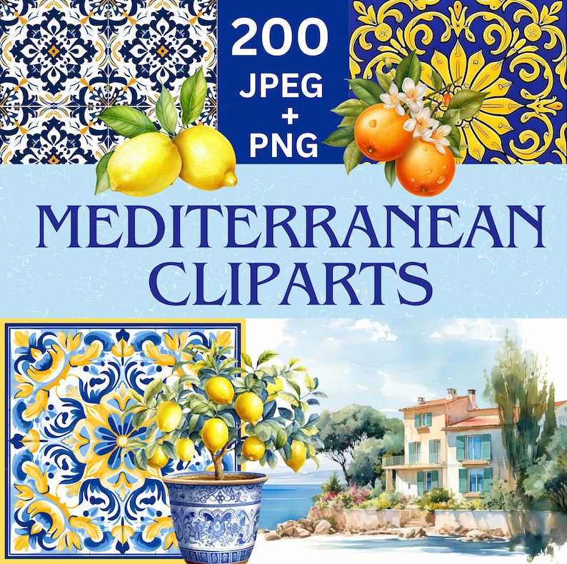 Mediterranean Tile, Watercolor Lemons Clipart Bundle, Portuguese ...