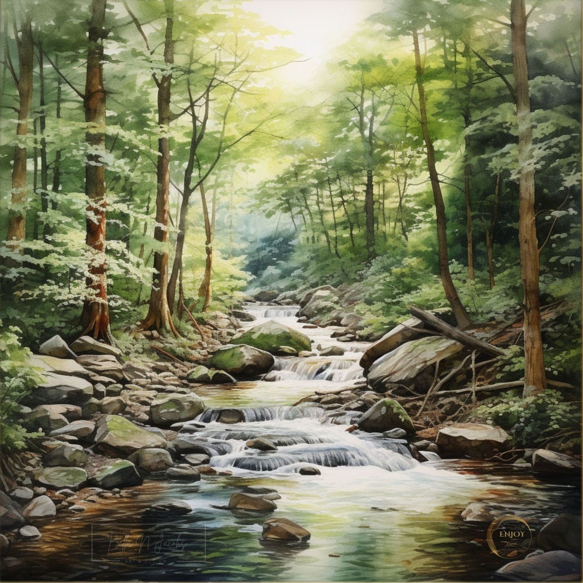Watercolor Forest Brook Cascade Painting Landscape Wall Art Decor ...