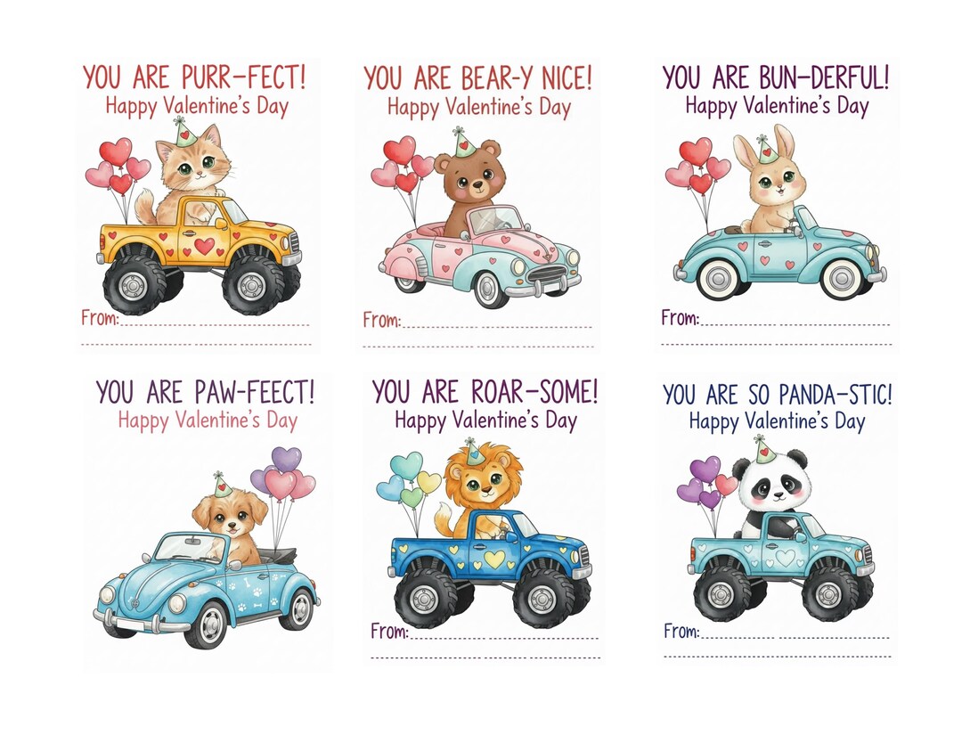 Valentine Cards for Kids Printable, Cars Valentine Cards PDF, Classroom ...