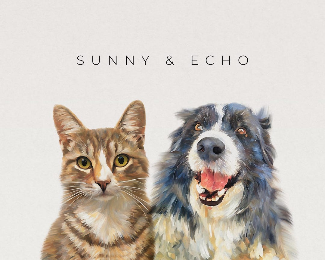Custom Two Pets Portrait From Photo, Personalized Dog & Cat Portrait ...