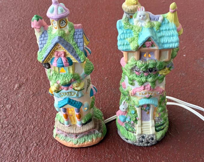 Vintage 2 Light-up Ceramic Easter Village Places "station" "flower ...