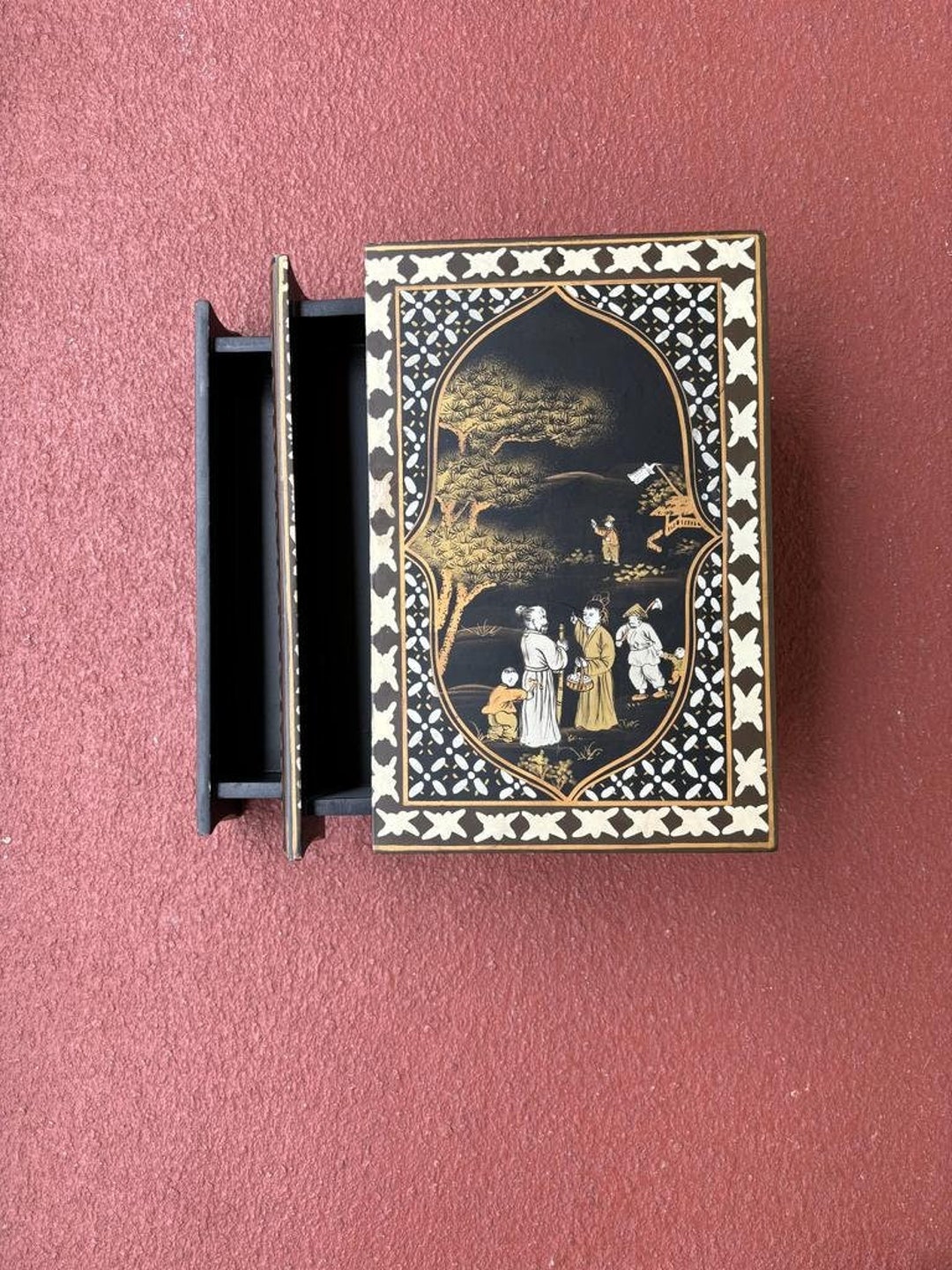 Vintage Book Shaped Asian Chinese Wood Jewelry/decoration Box With 2 ...