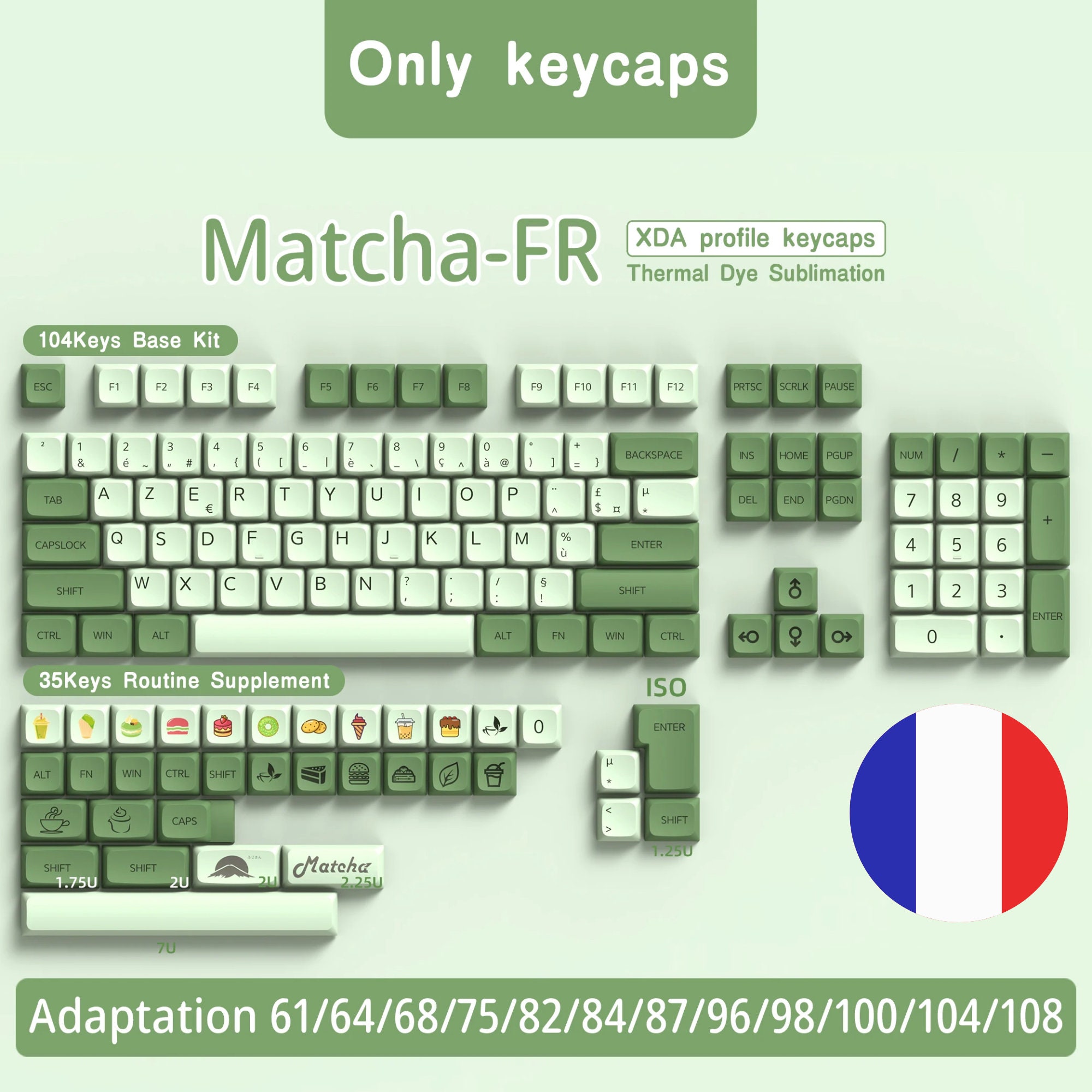 Matcha XDA Profile PBT Keycaps 104 Keys English Spanish French German ...