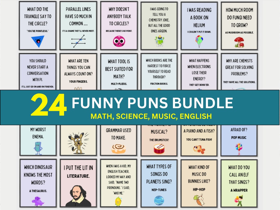 24 Funny Puns Classroom Poster Bundle, Math, Music, English, Science ...