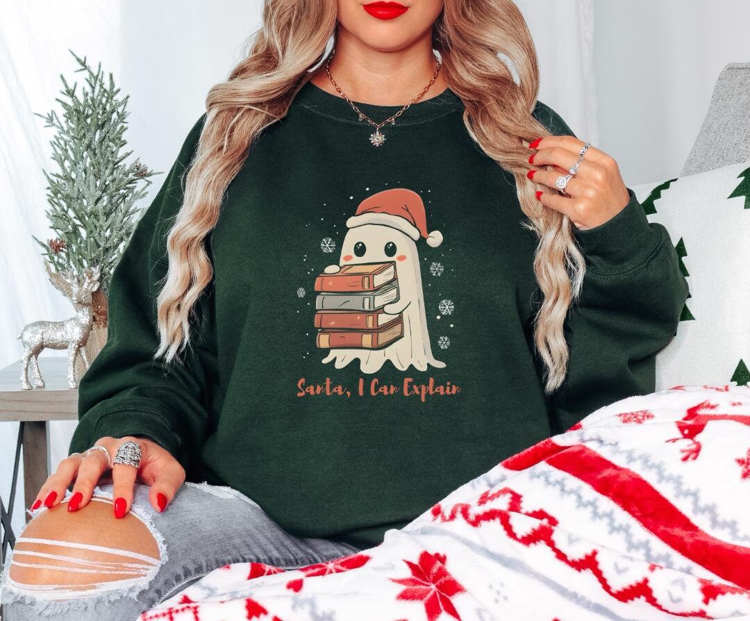 Funny Santa Reading Bookworm Christmas Sweatshirt, Funny Ghost Book ...
