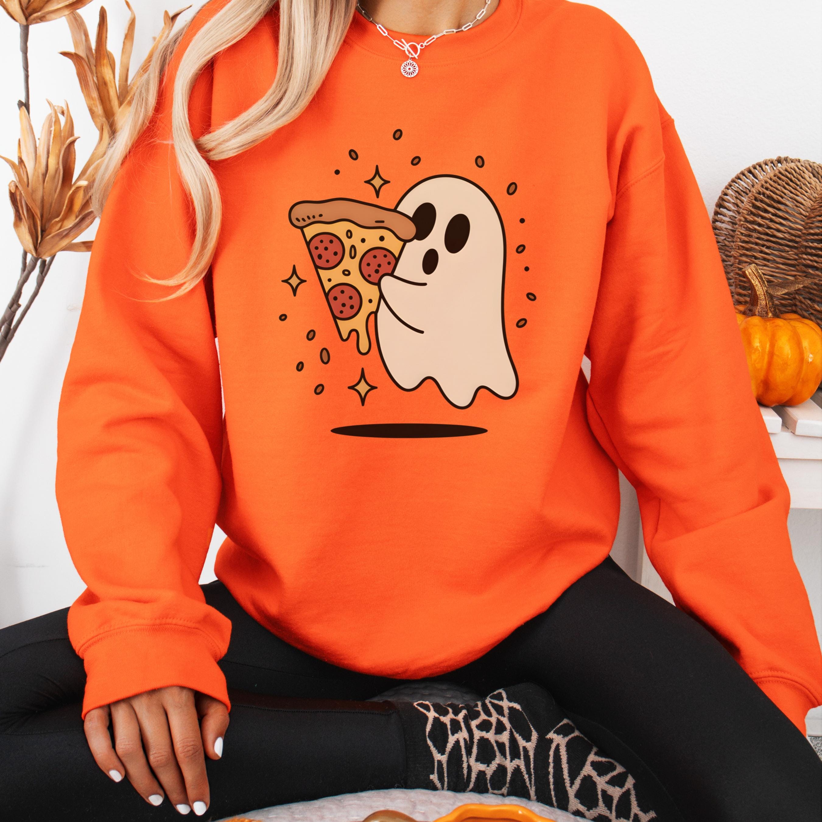 Funny Pizza Lover Ghost Halloween Sweatshirt, Cute Fall Time Pullover ...