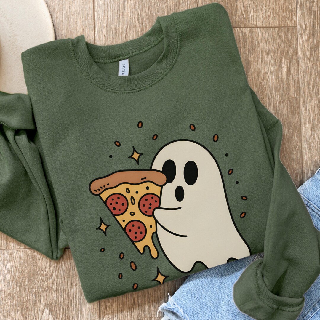 Funny Pizza Lover Ghost Halloween Sweatshirt, Cute Fall Time Pullover ...