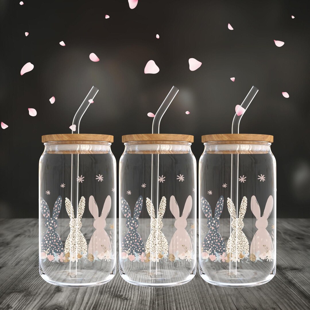 Easter Pattern Bunny Glass Cup, Cute Spring Iced Coffee Tumbler With ...