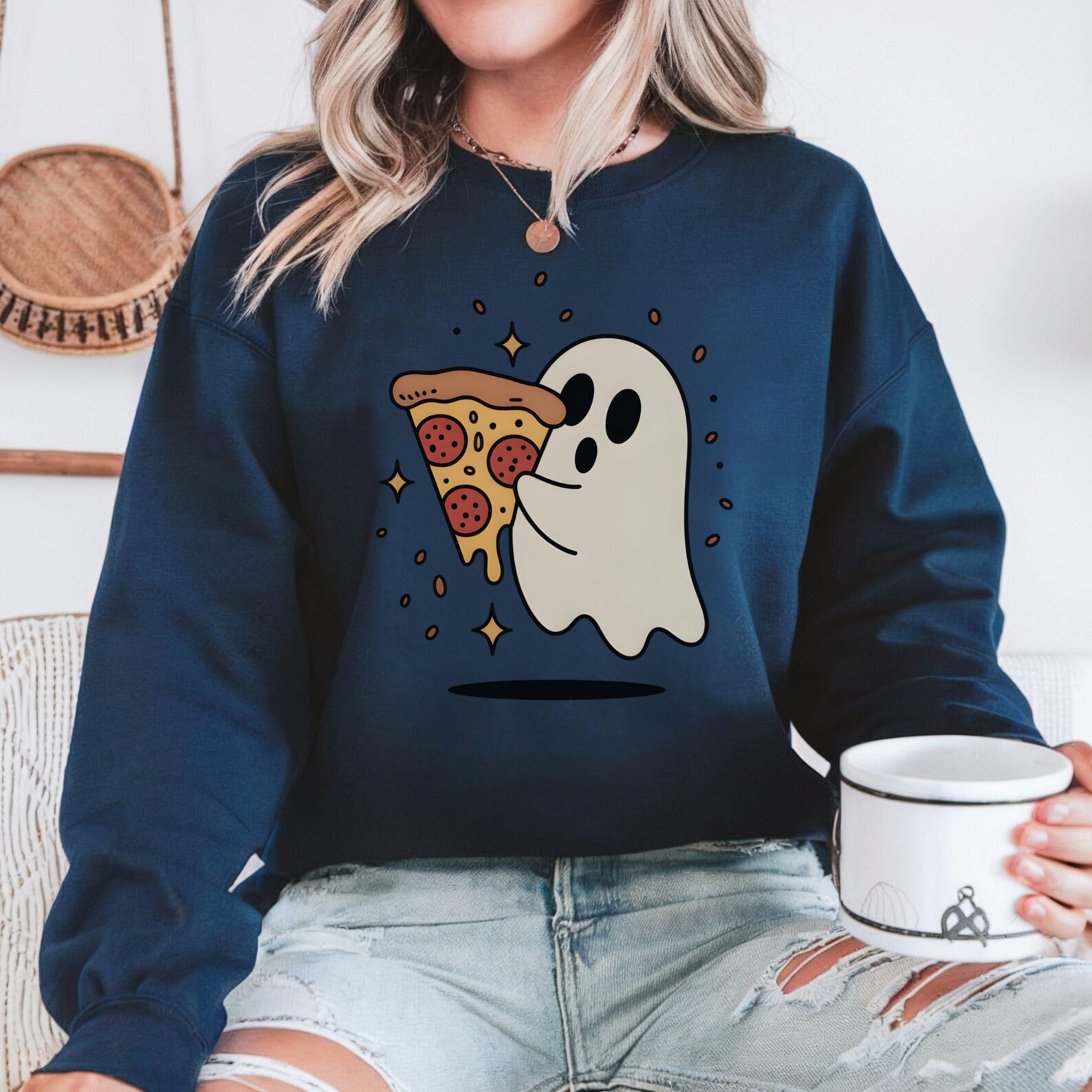 Funny Pizza Lover Ghost Halloween Sweatshirt, Cute Fall Time Pullover ...