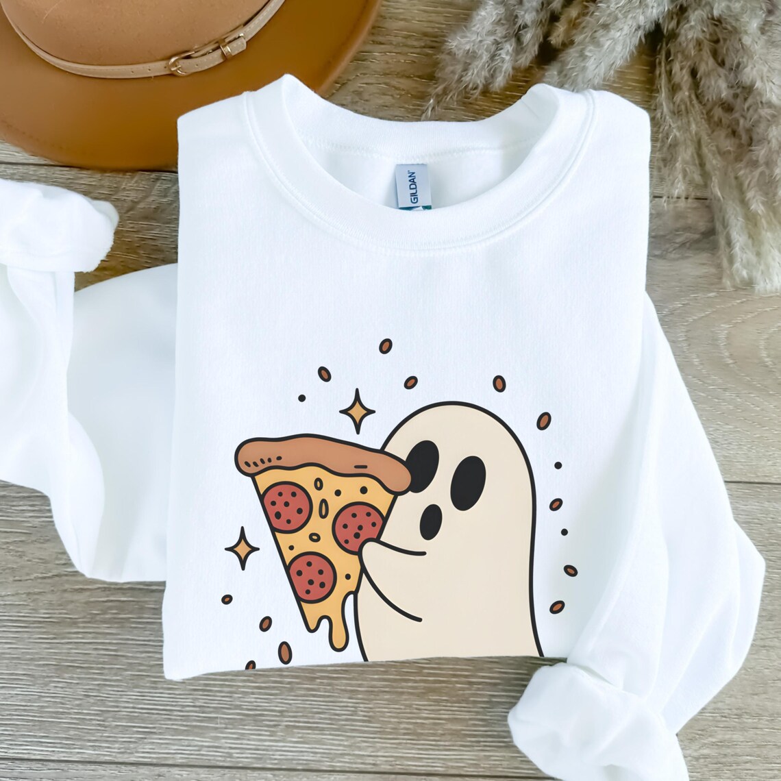 Funny Pizza Lover Ghost Halloween Sweatshirt, Cute Fall Time Pullover ...