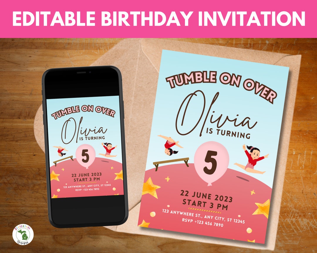 Gymnastics Birthday Invitation for Girl, Tumble on by Birthday Invite ...