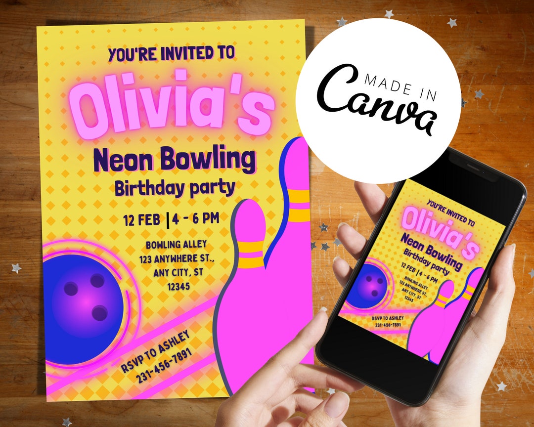 Neon Bowling Birthday Invitation for Girls (digital Download) - Etsy