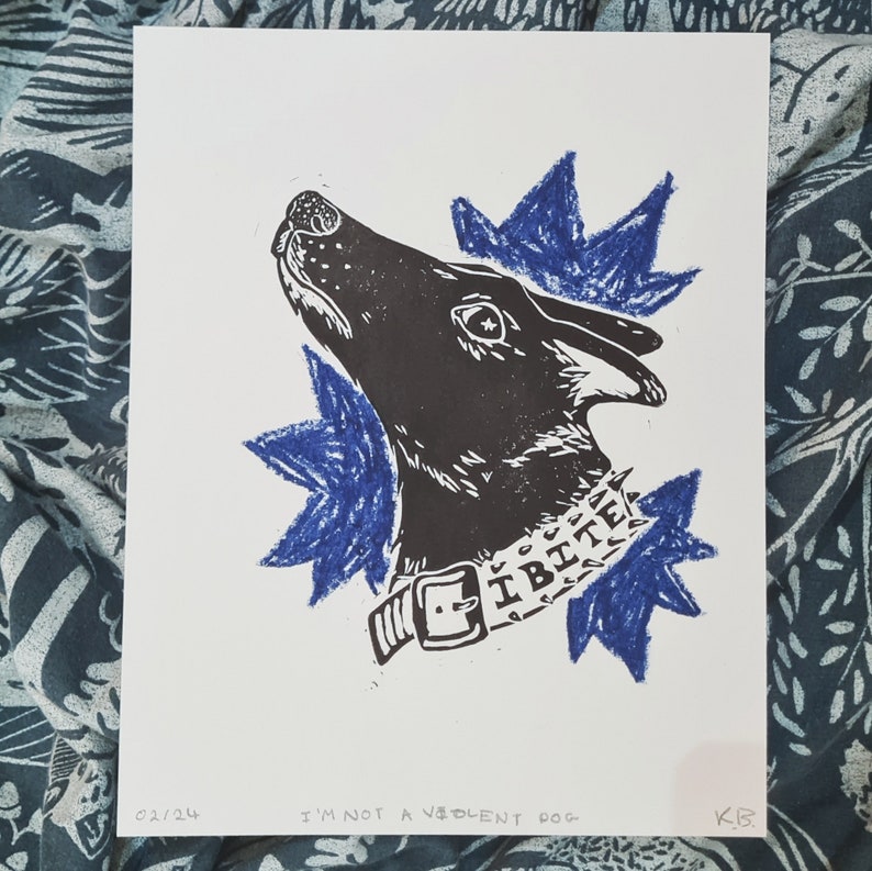 Handprinted Dog Lino Print With Pastel Details i Am Not a Violent Dog 8 ...