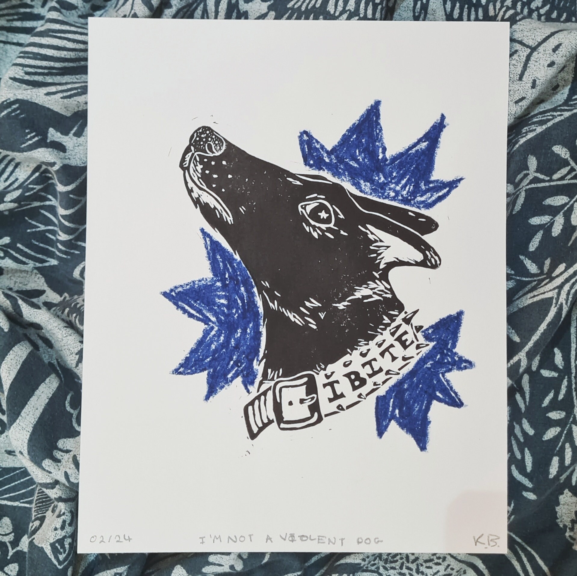 Handprinted Dog Lino Print With Pastel Details i Am Not a Violent Dog 8 ...