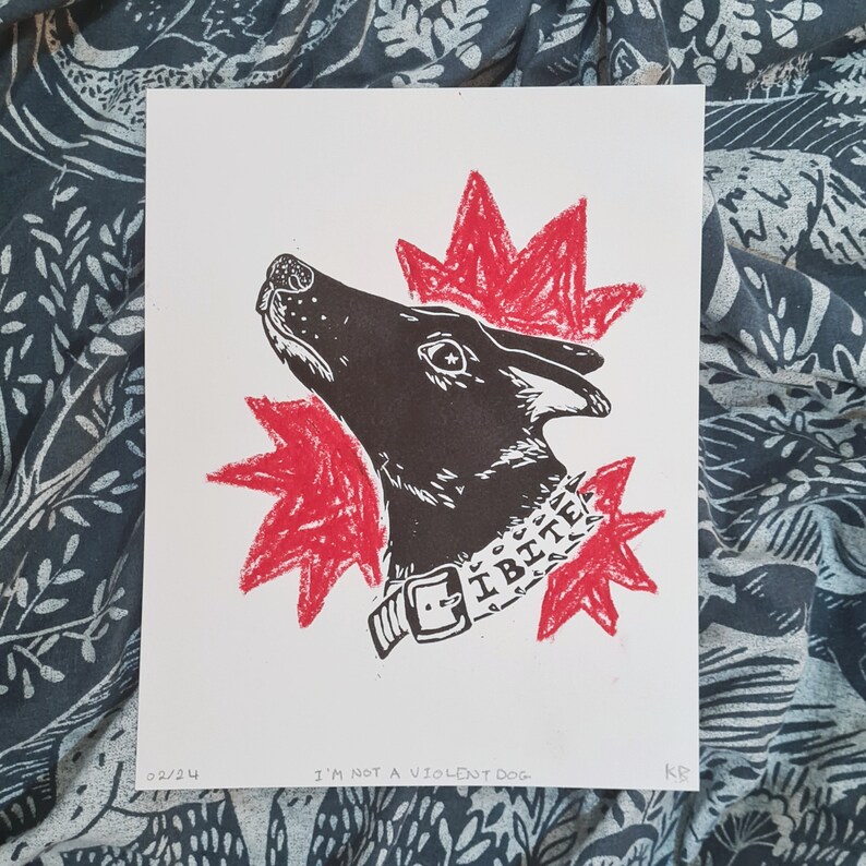 Handprinted Dog Lino Print With Pastel Details i Am Not a Violent Dog 8 ...