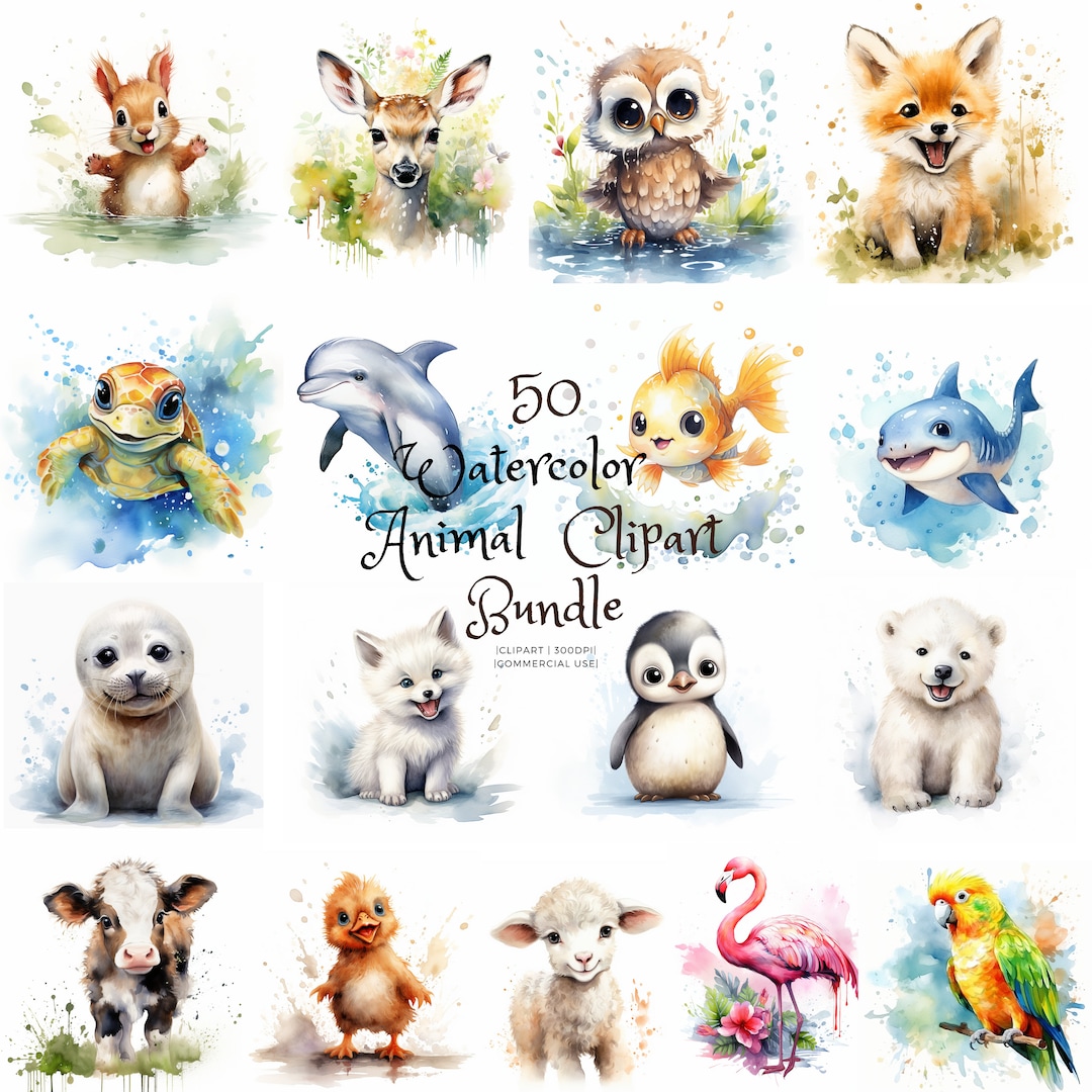 50 Watercolor Animal Bundle, Floral, Clipart, PNG Format, 50 High ...