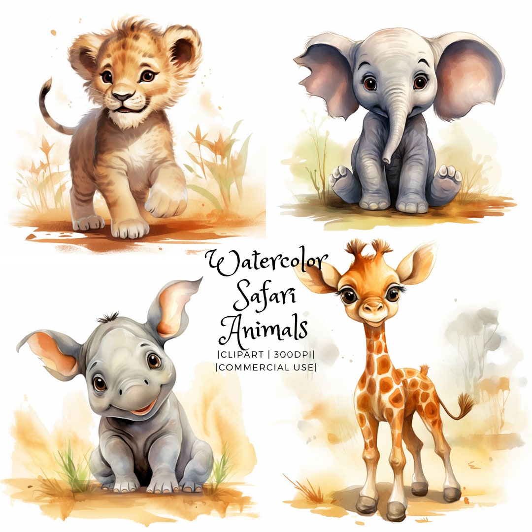 10 Safari Baby Animals, Watercolor Clipart PNG, Digital Download Clip ...