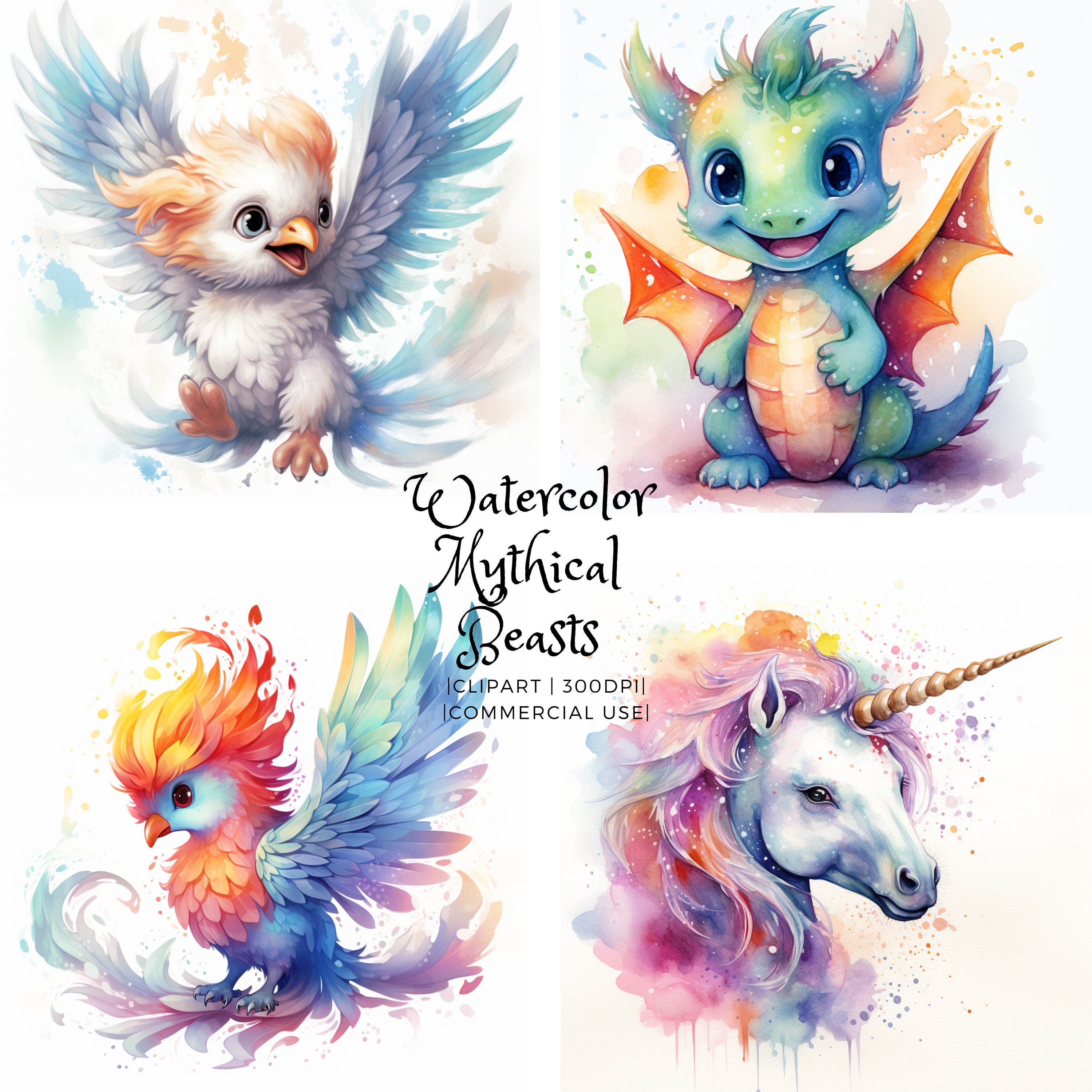Mythical Creatures, Watercolor, Floral, Clipart, PNG Format, 10 High ...