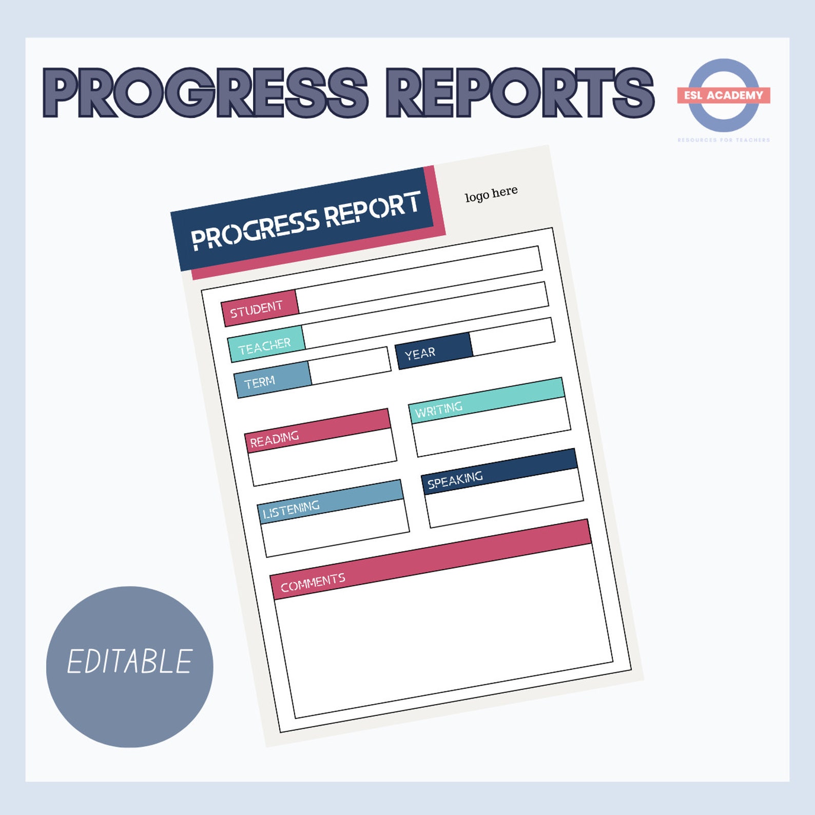ESL Report Card Template Pack 8 Editable Designs for Teachers ...