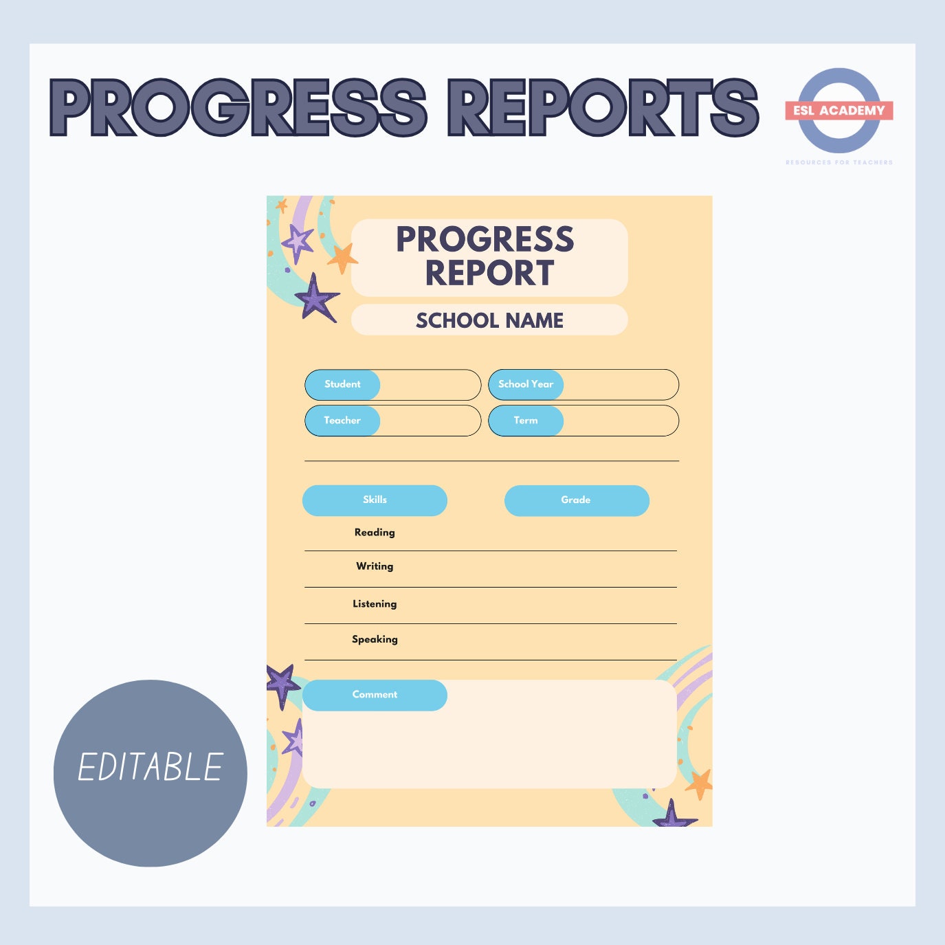 ESL Report Card Template Pack 8 Editable Designs for Teachers ...