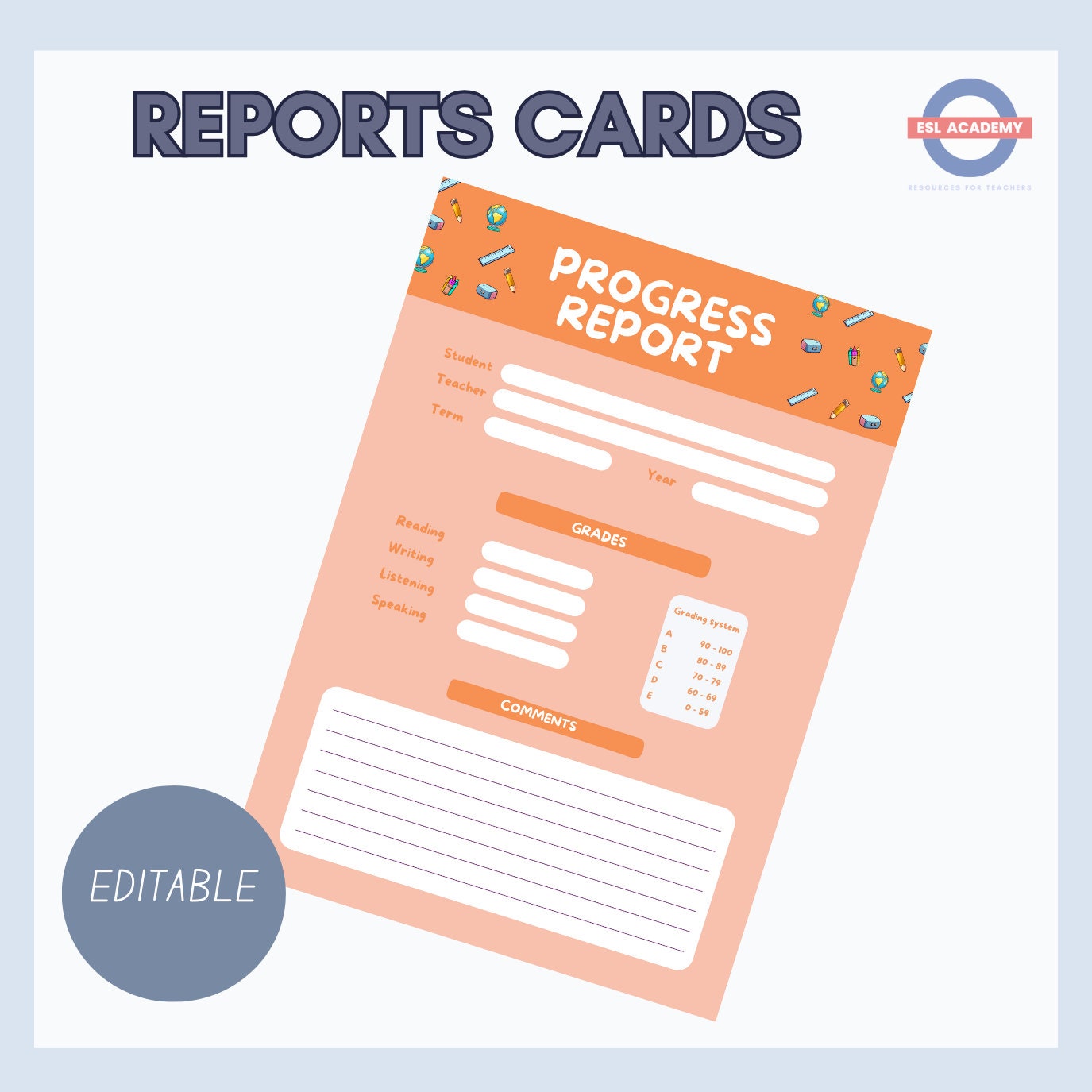 ESL Report Card Template Pack 8 Editable Designs for Teachers ...