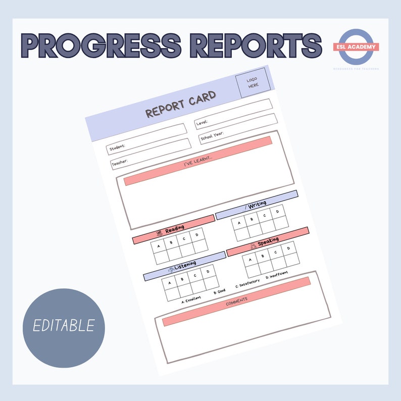 ESL Report Card Template Pack 8 Editable Designs for Teachers ...