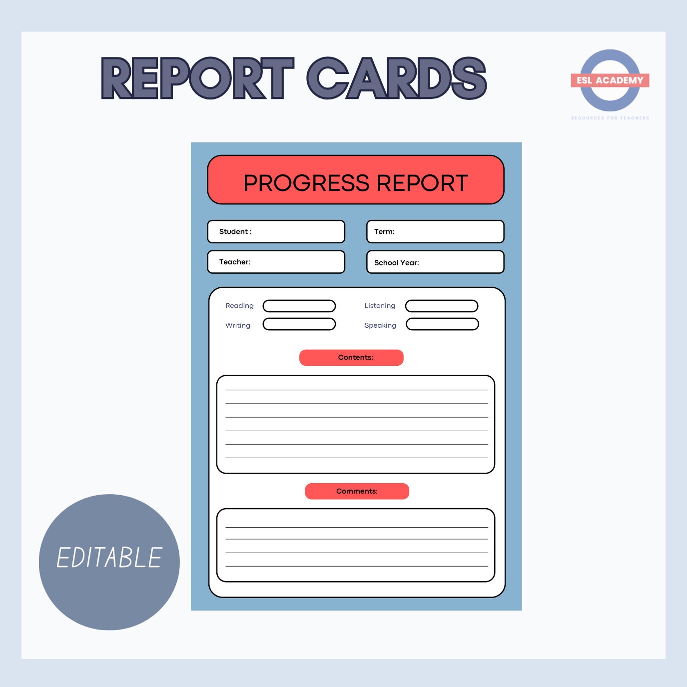 ESL Report Card Template Pack 8 Editable Designs for Teachers ...