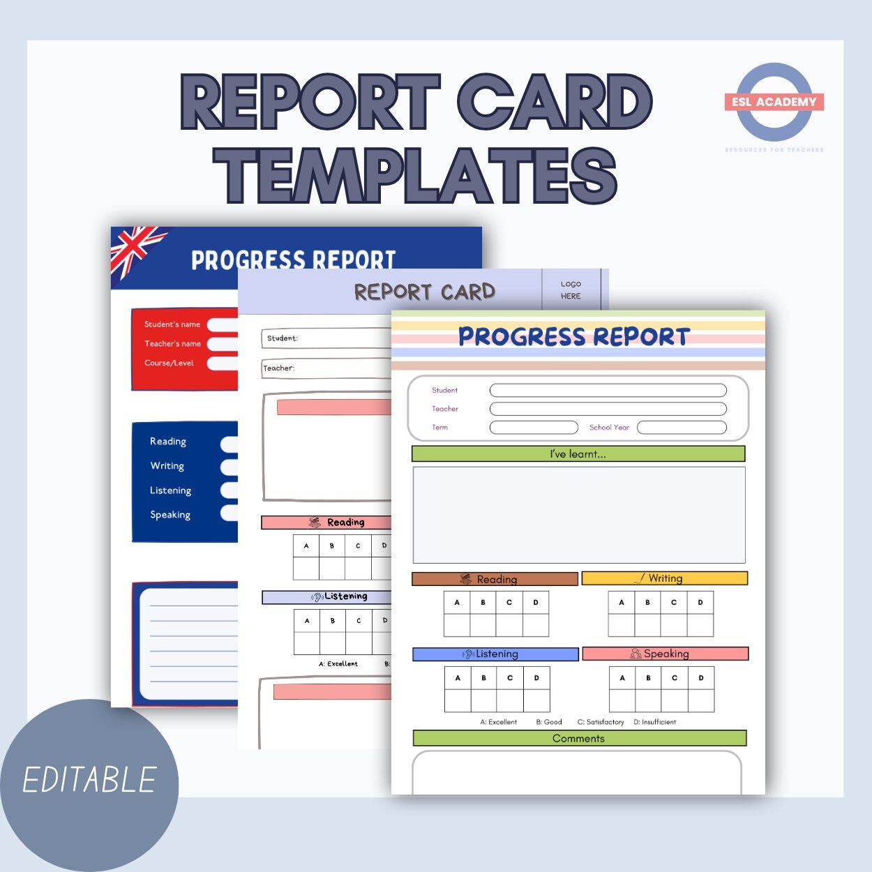 ESL Report Card Template Pack 8 Editable Designs for Teachers ...