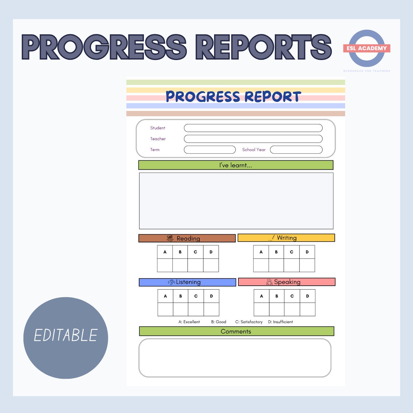 ESL Report Card Template Pack 8 Editable Designs for Teachers ...